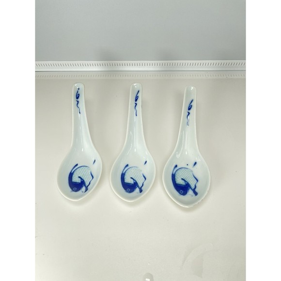 Dining | 3 Vintage Chinese Hand Painted White And Blue Porcelain Koi ...